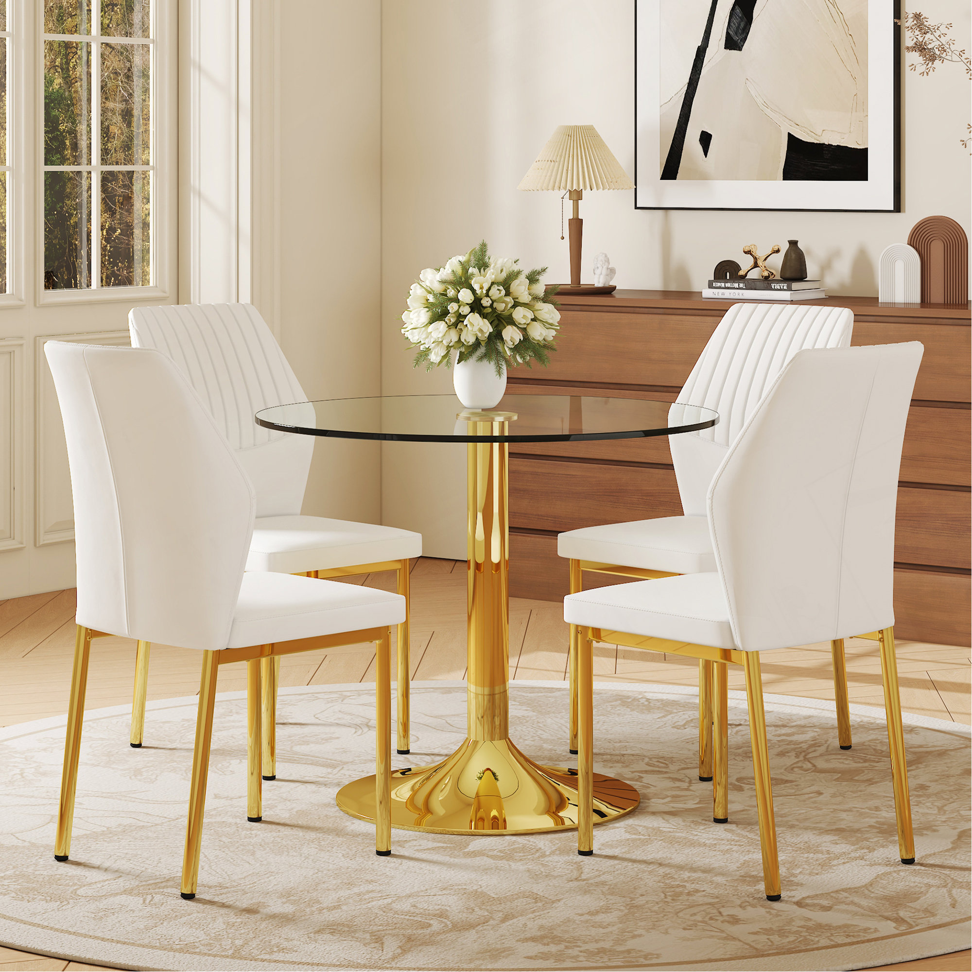 Mercer41 Table And Chair Set.A 35" Transparent Tempered Glass Round Dining Table-Gold Metal ...